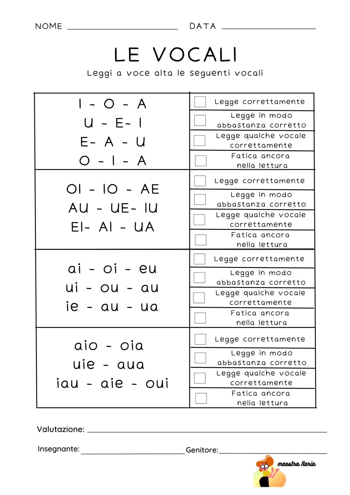 Verifiche sulle vocali - maestra Ilaria
