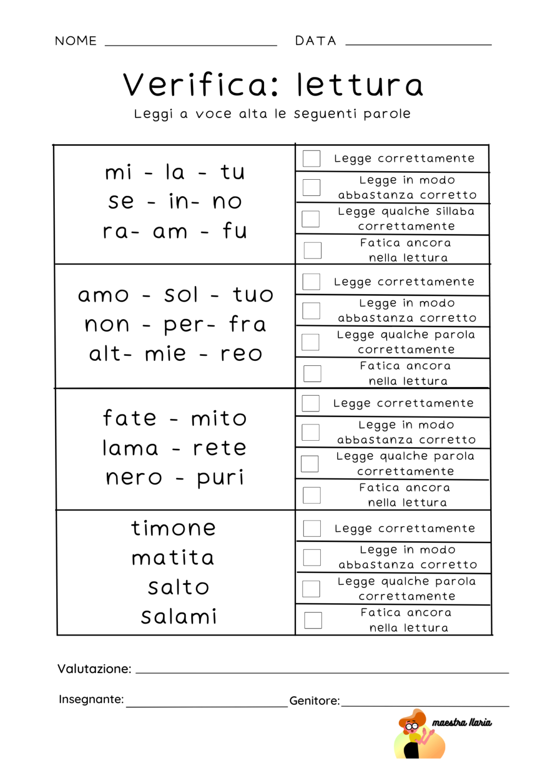 Verifiche in itinere - 1° quadrimestre - maestra Ilaria