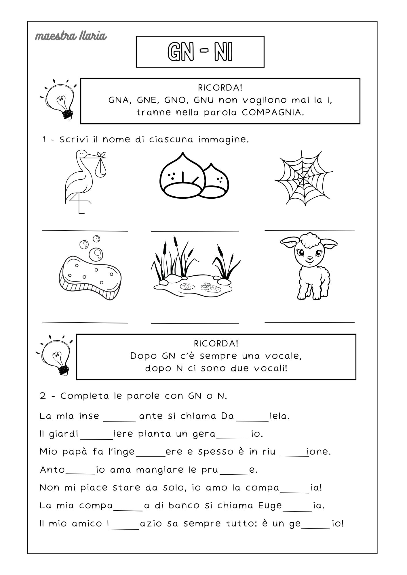 GN - NI, GL - LI: ripasso ortografico - maestra Ilaria